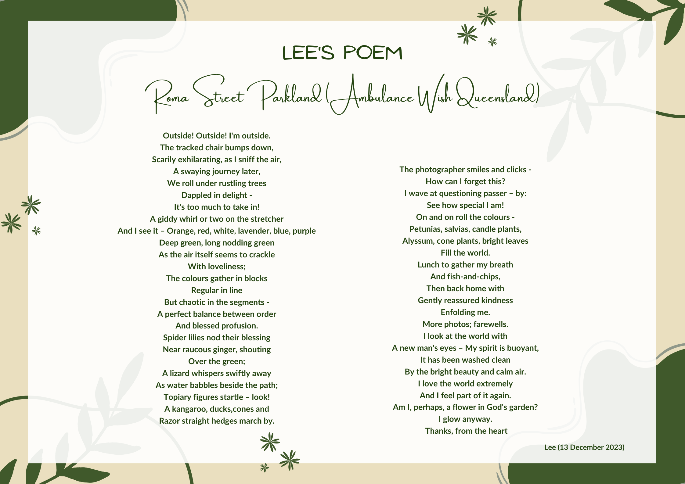 Lee’s Poem | Ambulance Wish Queensland